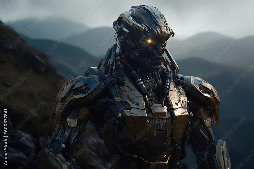 Black sci-fi robot android science fiction cyborg with strong muscular ...