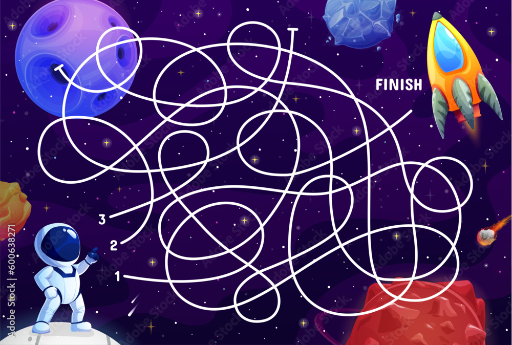 Cartoon space labyrinth maze. Galaxy planets and spaceship game puzzle ...
