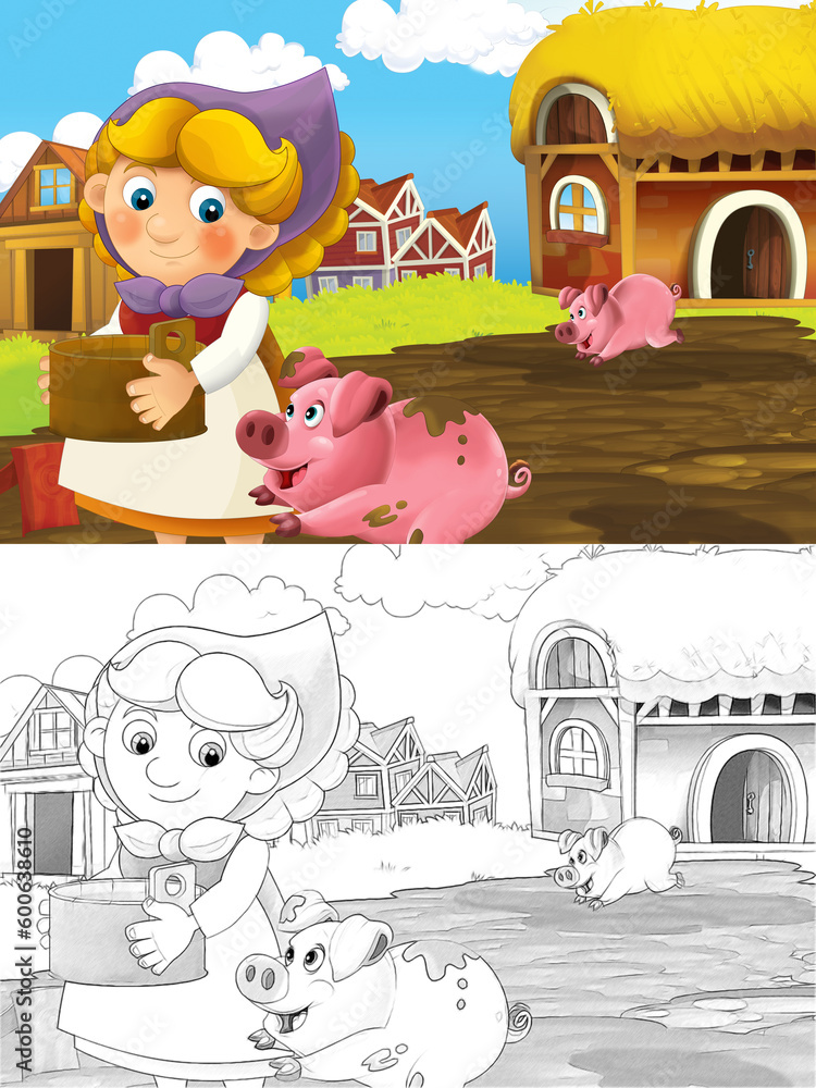 cartoon scene with happy woman working on the farm - standing and ...