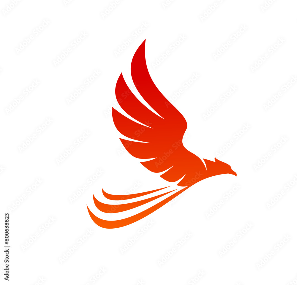 Phoenix bird, abstract eagle or falcon with fire flames. Vector fenix ...