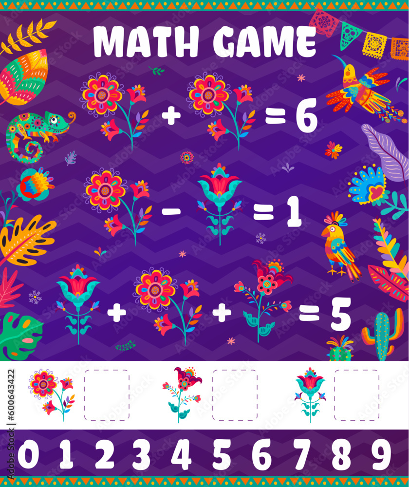 Cartoon Mexican parrot, chameleon lizard, flowers and hummingbird, math ...