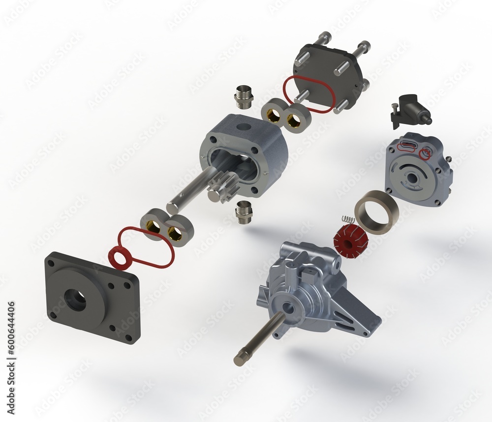 Hydraulic pumps exploded view. Steering pump. Power presure pump. Oil ...
