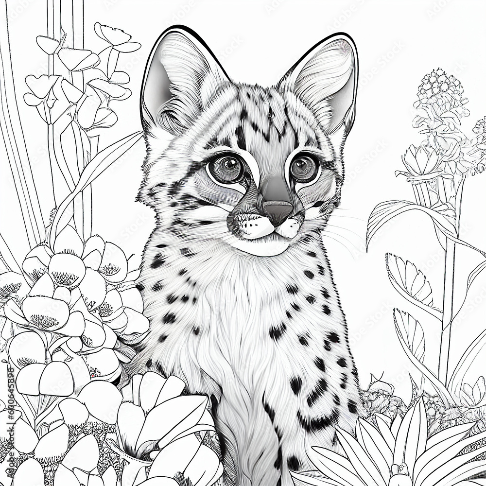 South American margay illustrated with black lines on white background ...