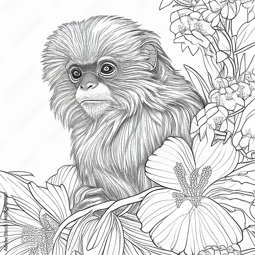 South American golden lion tamarin illustrated with black lines on ...