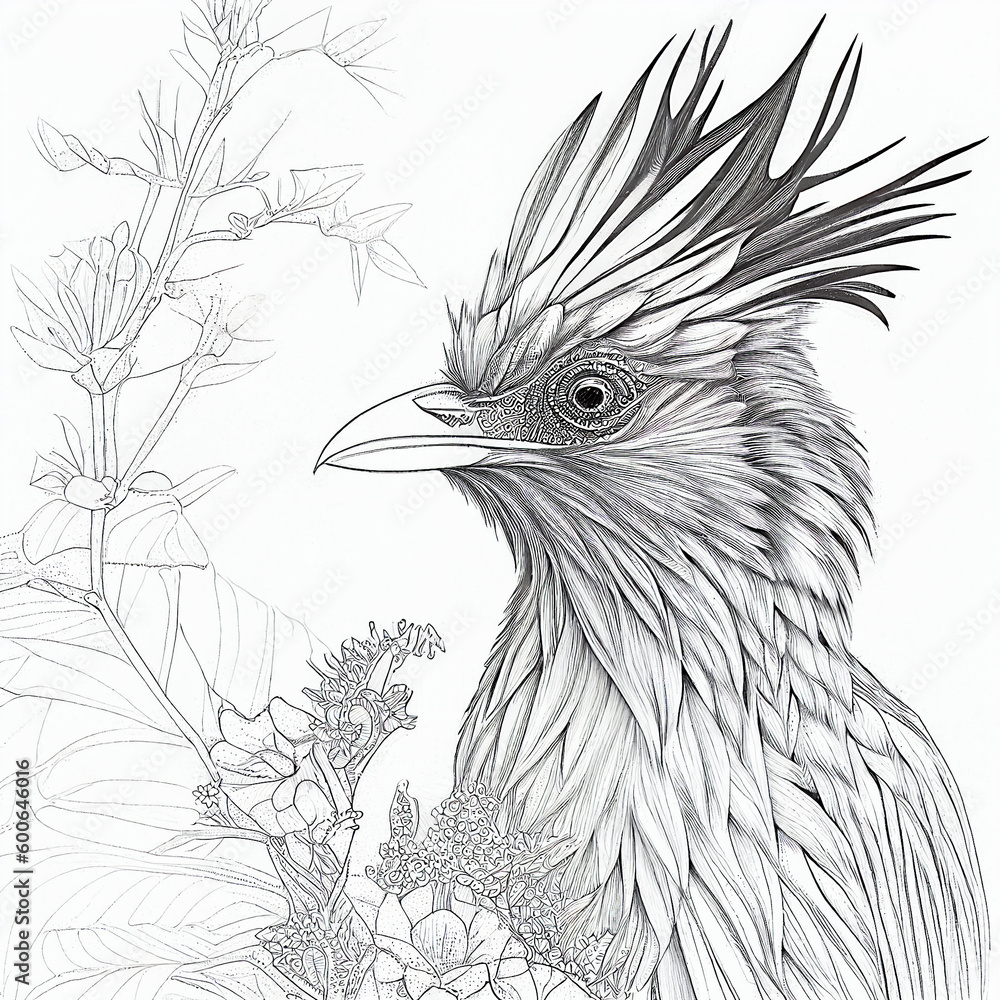 South American hoatzin illustrated with black lines on white background ...