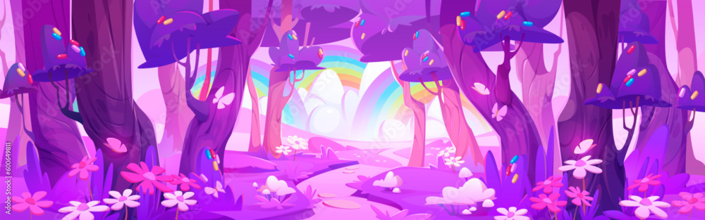 Pink magic forest with rainbow cartoon vector landscape. Fairytale ...