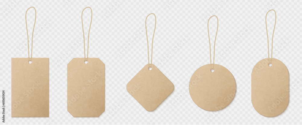 Realistic set of craft paper labels on string isolated on transparent ...