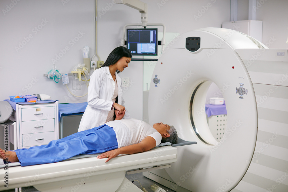 Doctor, mri and woman holding hands of patient in hospital before ...