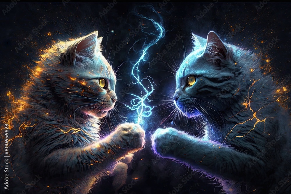 Abstract image art in two young cat fighting with laser powerful ...