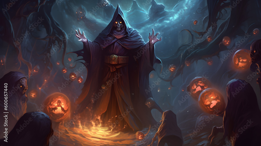 A sinister sorcerer summoning an army of undead creatures surr Stock ...