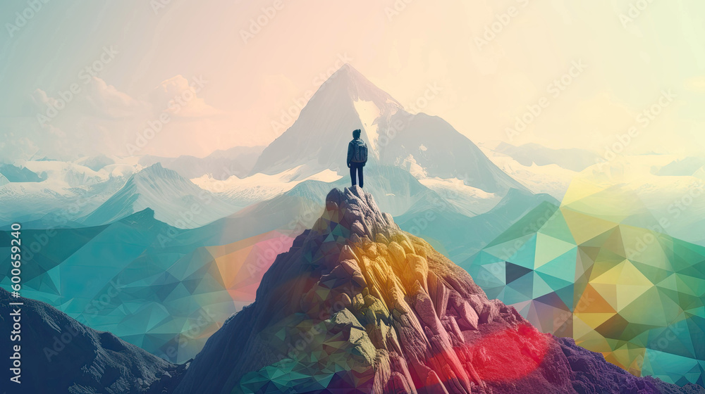 Person standing with rainbow polygon double exposure on top of mountain ...