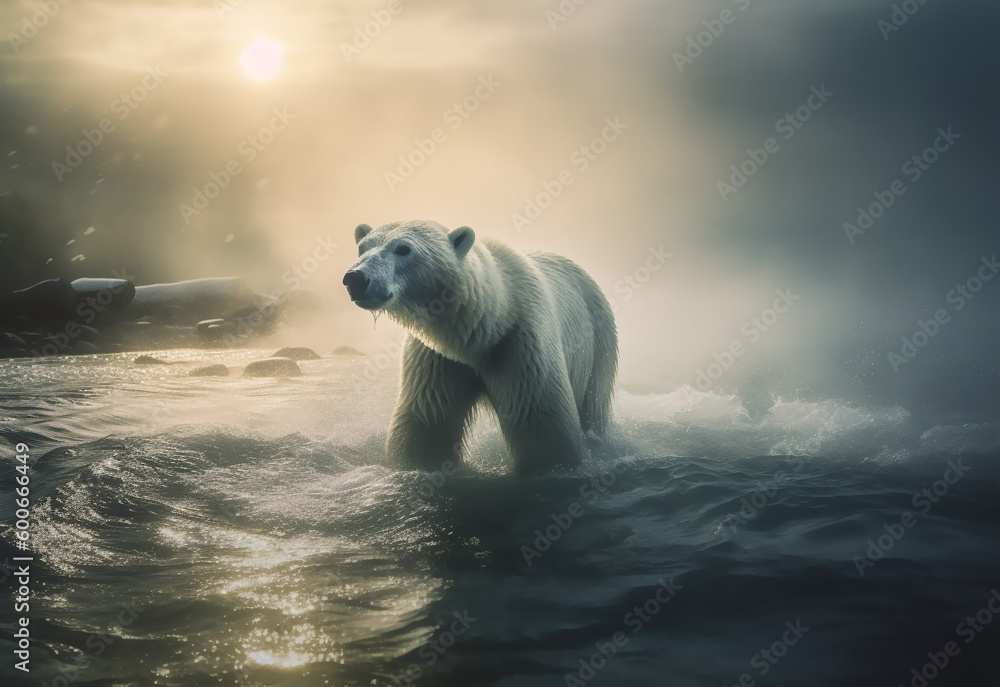 polar bears are walking on the melting Arctic sea ice and river ...