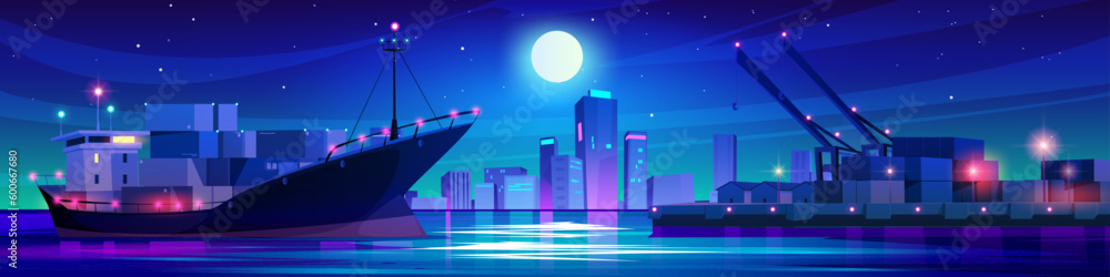 Night port with cargo container and ship vector illustration. Seaport ...