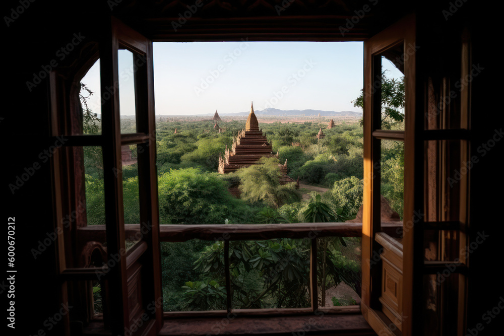 Bagan Valley in Myanmar view out of Buddhism temple window. Ancient ...