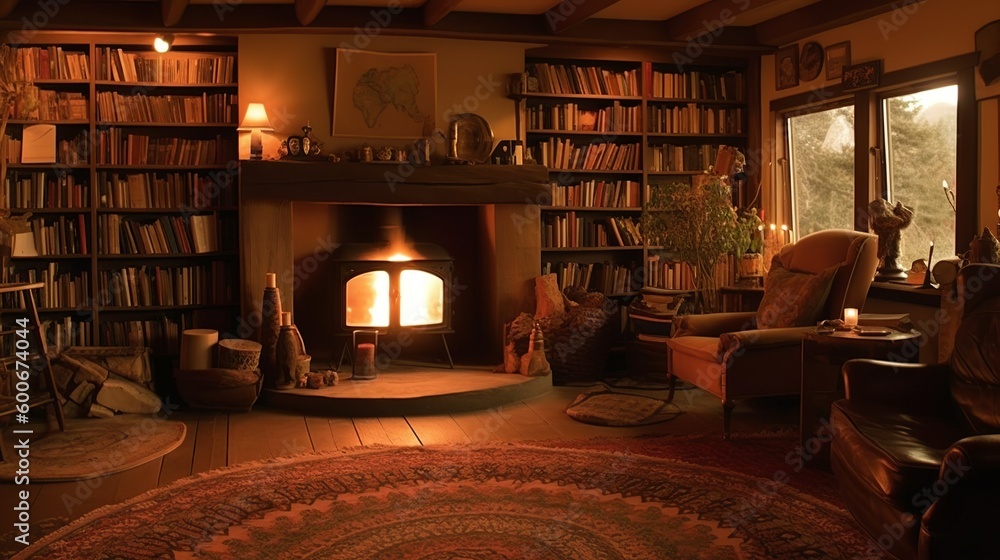 Comfy and cozy wooden hobbit house interior with stucco and bookshelf ...