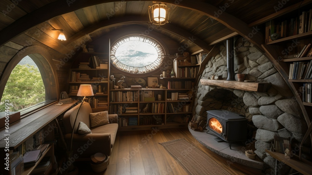 Comfy and cozy wooden hobbit house interior with stucco and bookshelf ...
