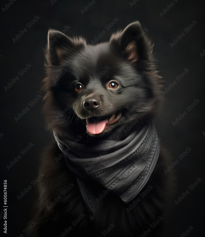 cute smiling Schipperke dog with scarf in a grey background, portrait ...