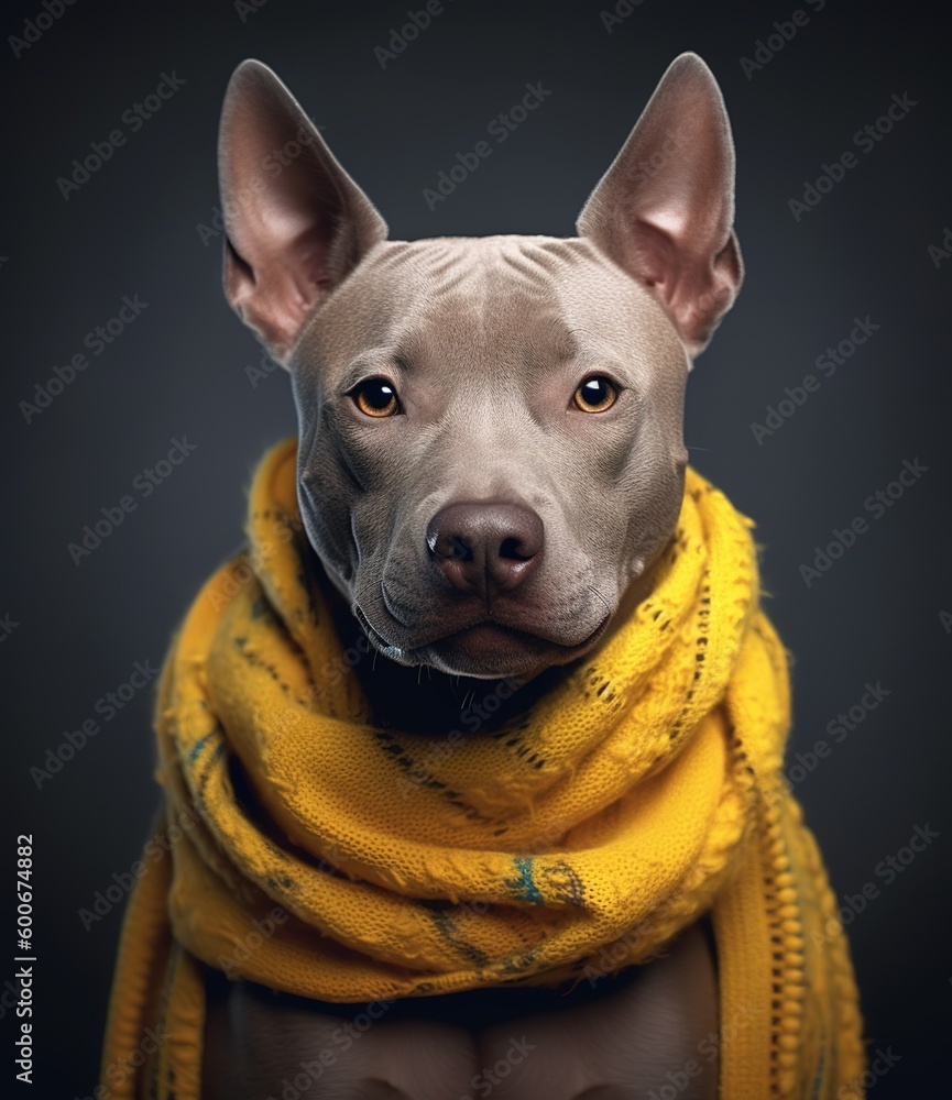 cute smiling Thai Ridgeback dog with scarf in a grey background ...