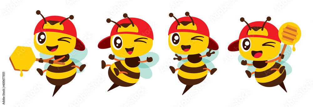 Cartoon cute red cap worker bee wink eyes collection set with different ...