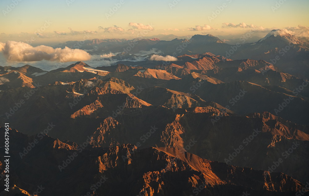 Andes Mountains at sunset. Aerial photo with the amazing sunset ...