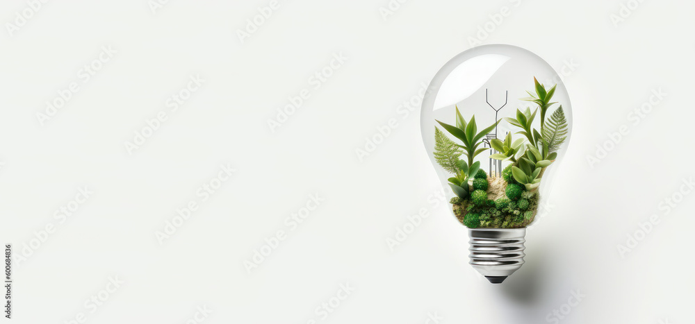 Eco friendly lightbulb with plants white background, Renewable and ...