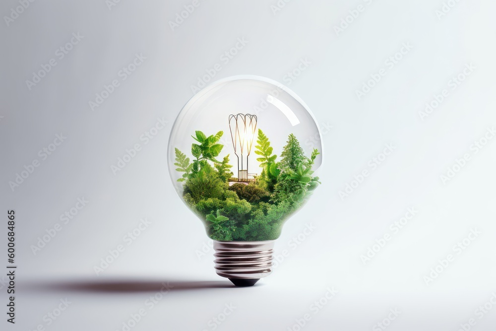 Eco friendly lightbulb with plants white background, Renewable and ...