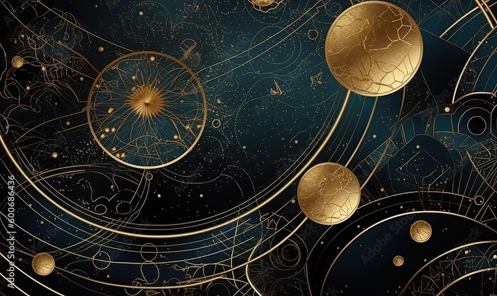 Abstract cosmic background with gold metallic foil and marbled textures ...