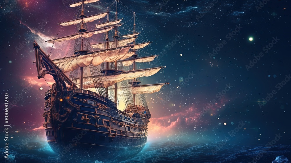 Illustration Of Ancient Big Pirate Ship Sailing Under Starfield Generative Ai Stock