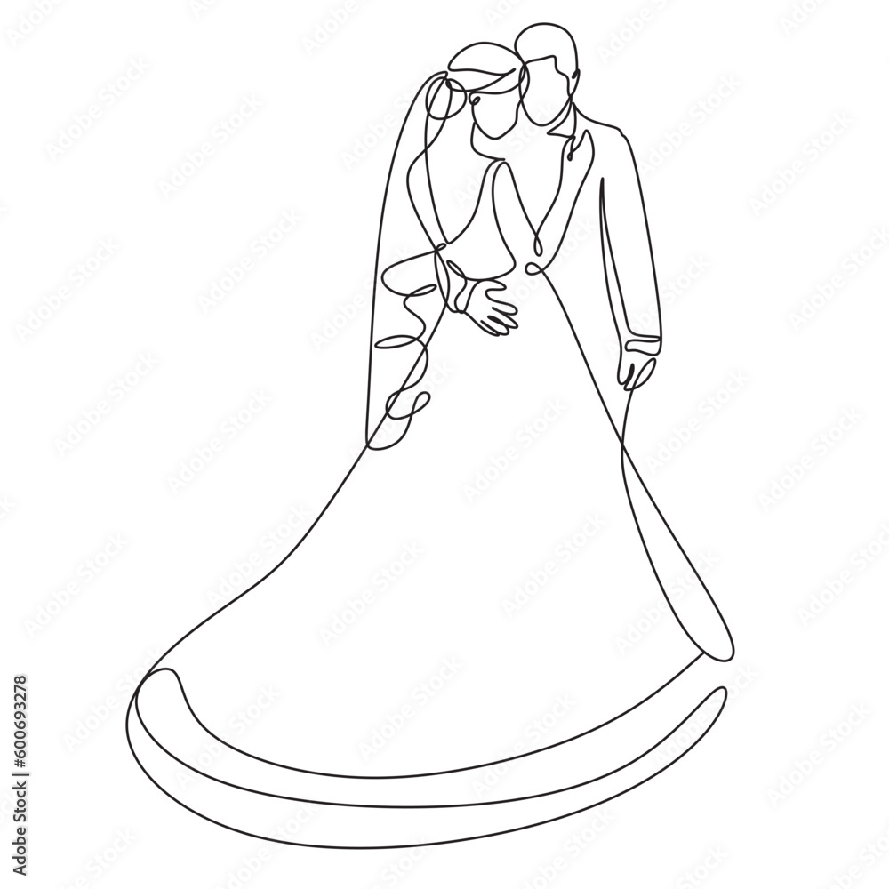 Single one line drawing happy cute married man and woman dancing on the ...