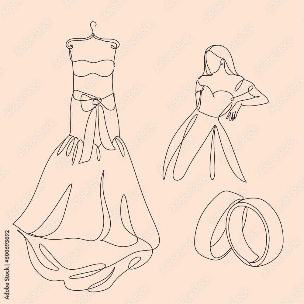 Wedding line art illustrations set. Single one line drawing happy cute ...