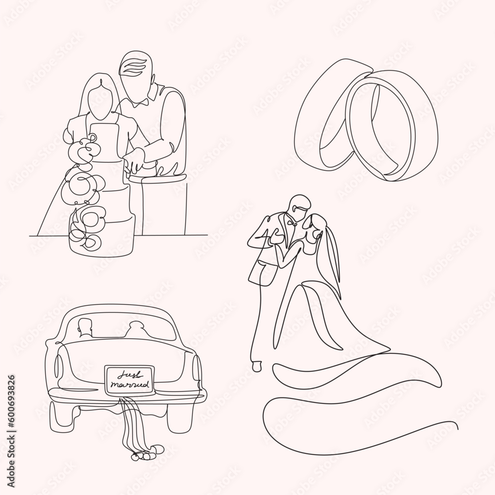 Wedding line art illustrations set. Single one line drawing happy cute ...