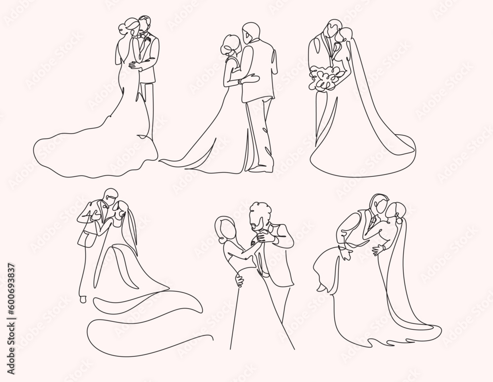 Line art drawing wedding couple married man and woman dancing on the ...