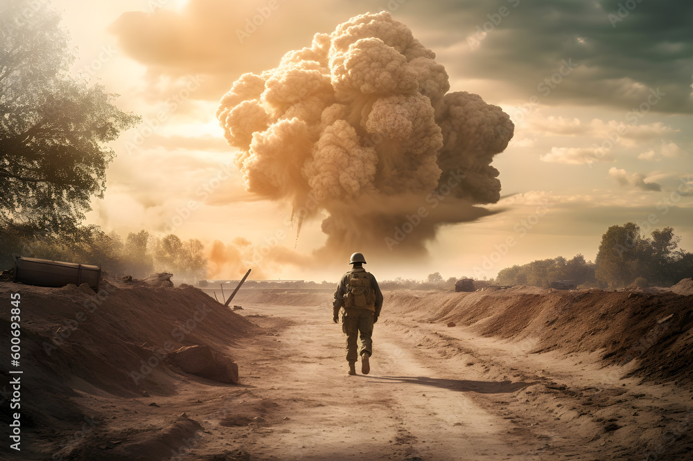 Military Soldier in a War Zone Walking Toward an Explosion, Generative ...