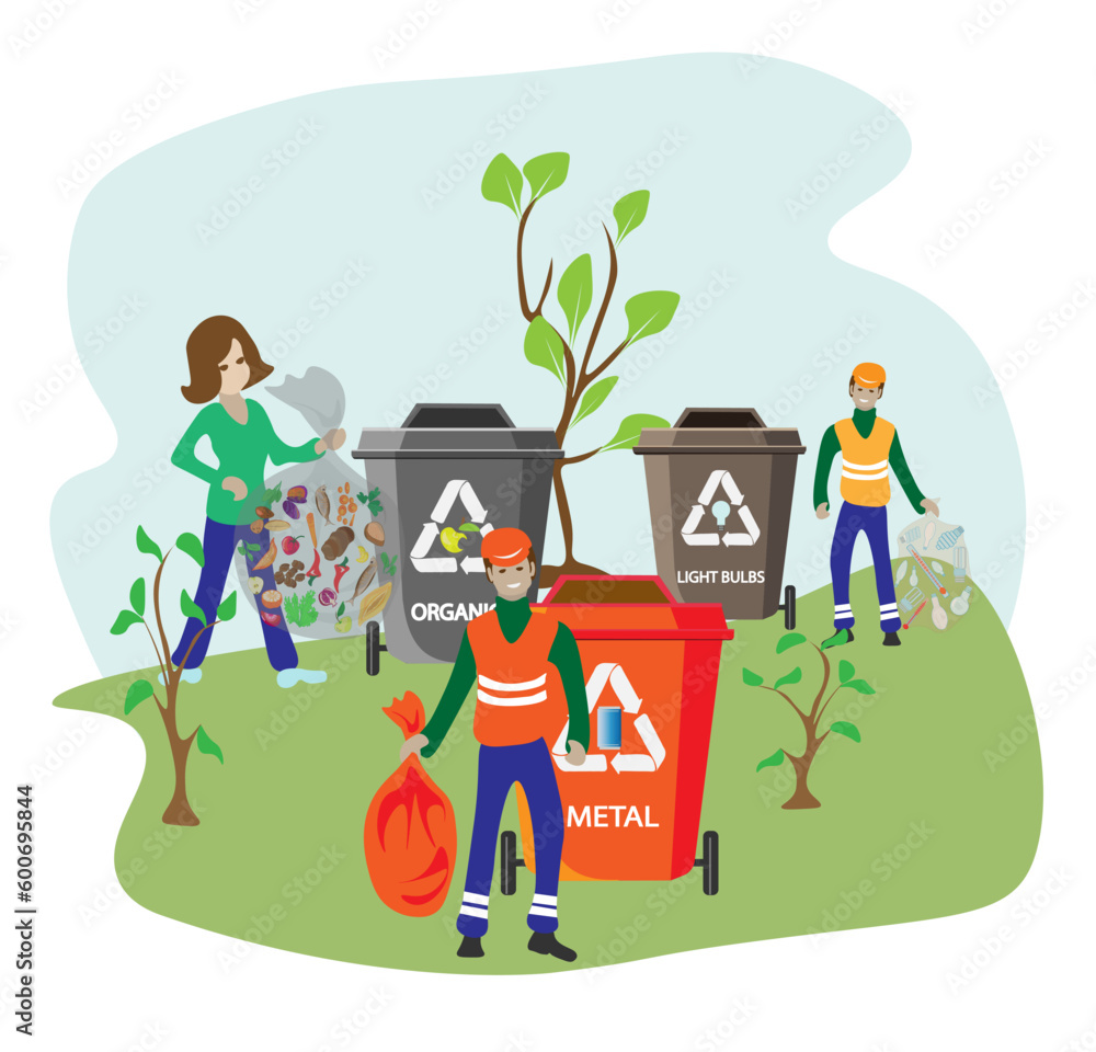 Waste segregation. People Sorting garbage by material and type in ...
