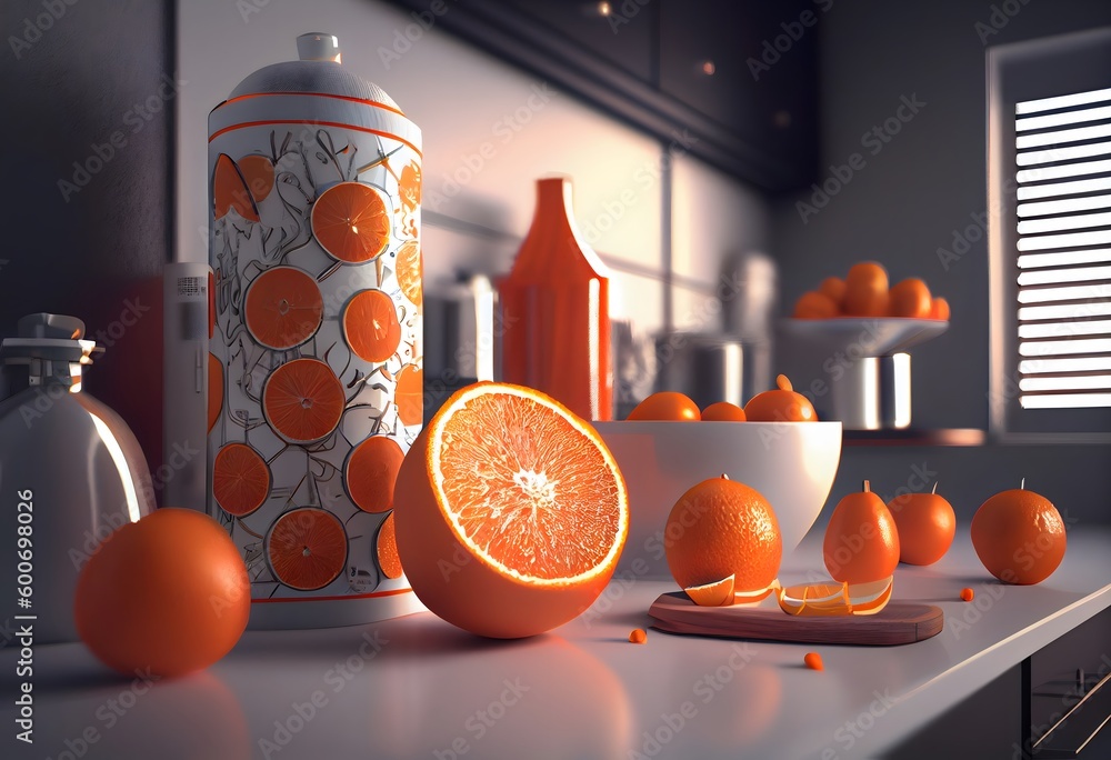 K?che 3d Rendering weiss orange 2 , .highly detailed, cinematic shot ...