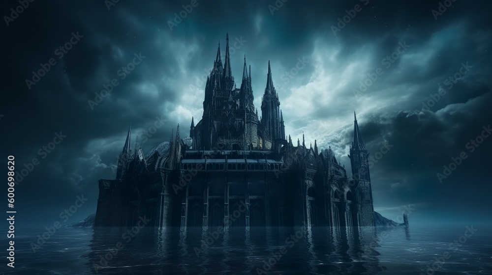 Fantasy cathedral on a floating island in the sea with dark skies and ...