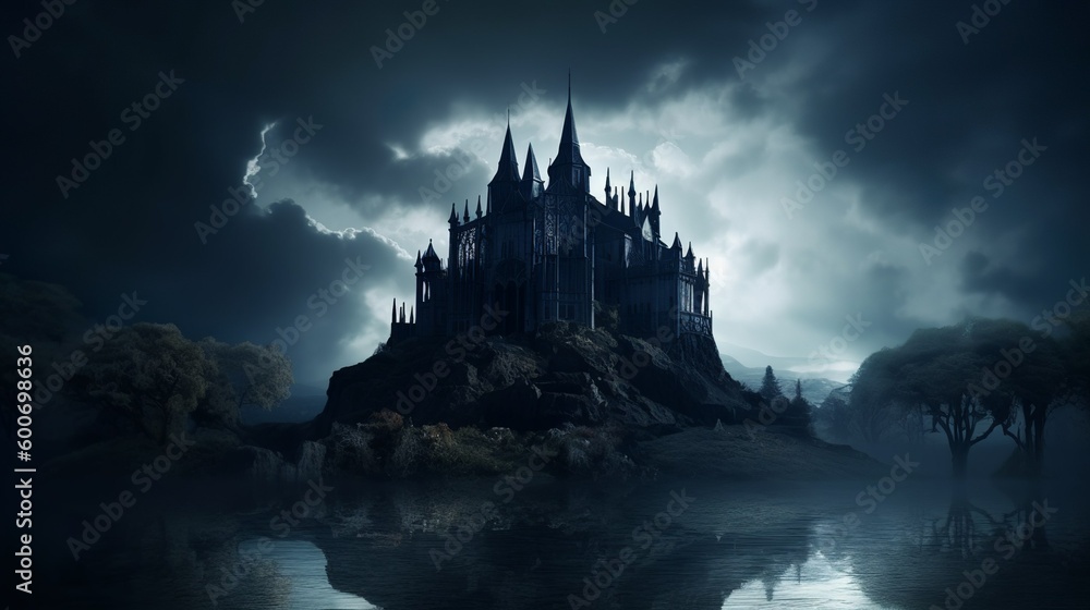 Fantasy cathedral on a floating island in the sea with dark skies and ...