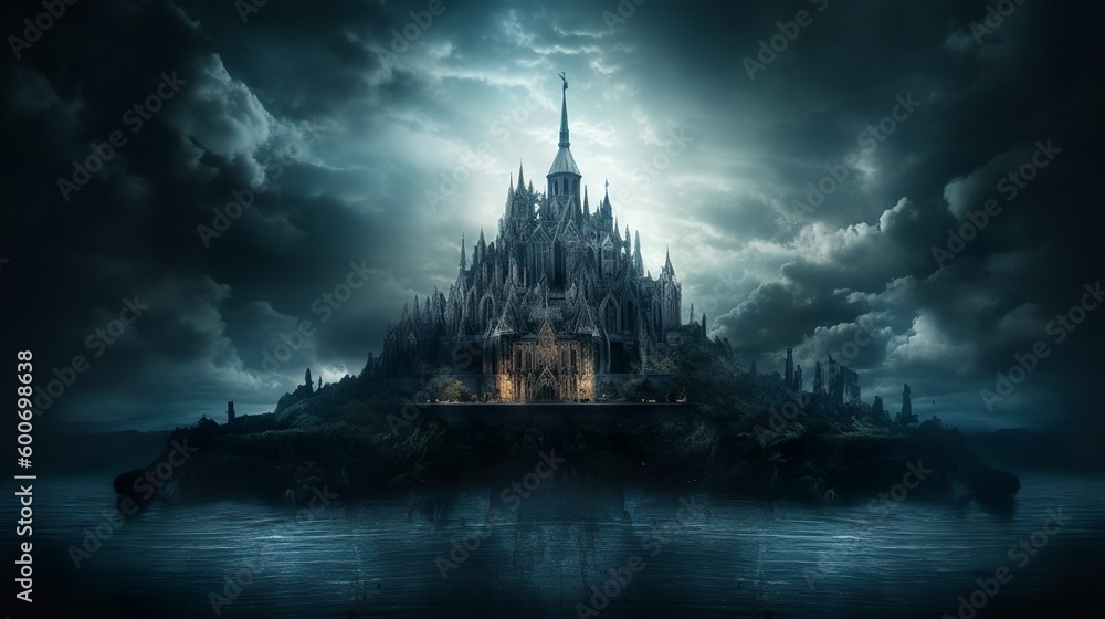 Fantasy cathedral on a floating island in the sea with dark skies and ...