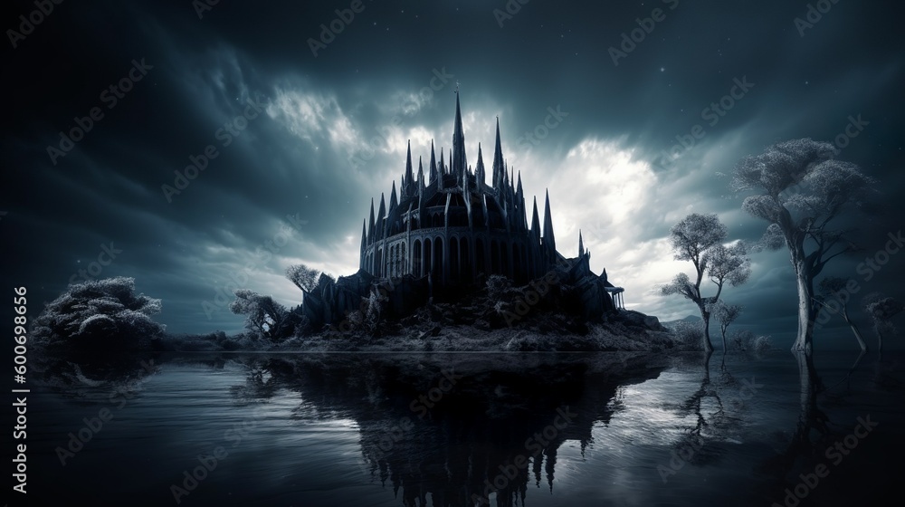 Fantasy cathedral on a floating island in the sea with dark skies and ...