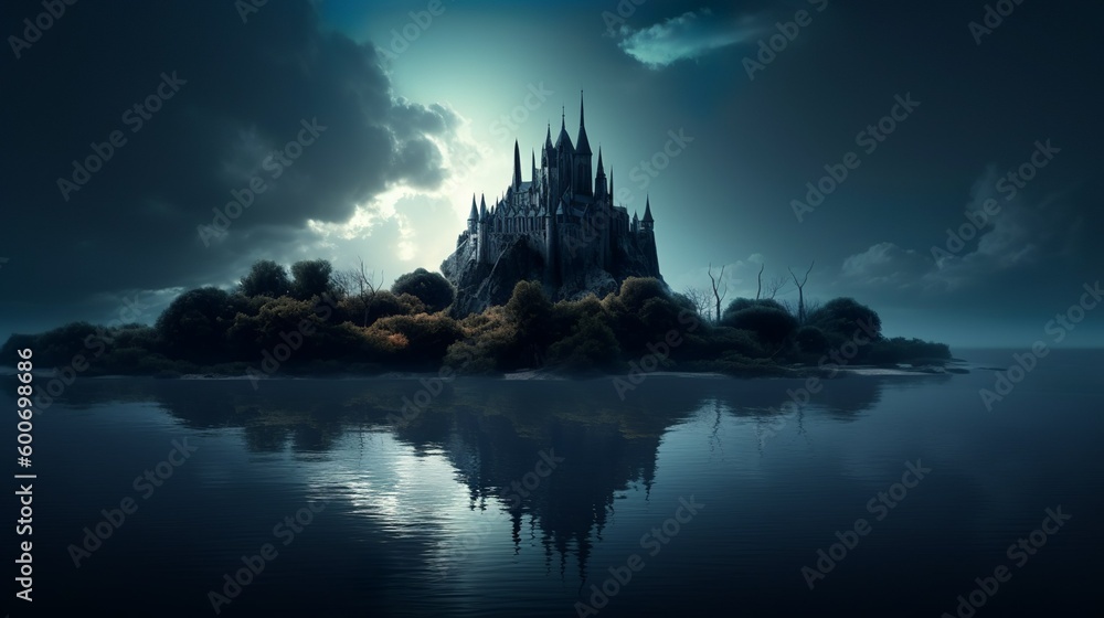Fantasy cathedral on a floating island in the sea with dark skies and ...