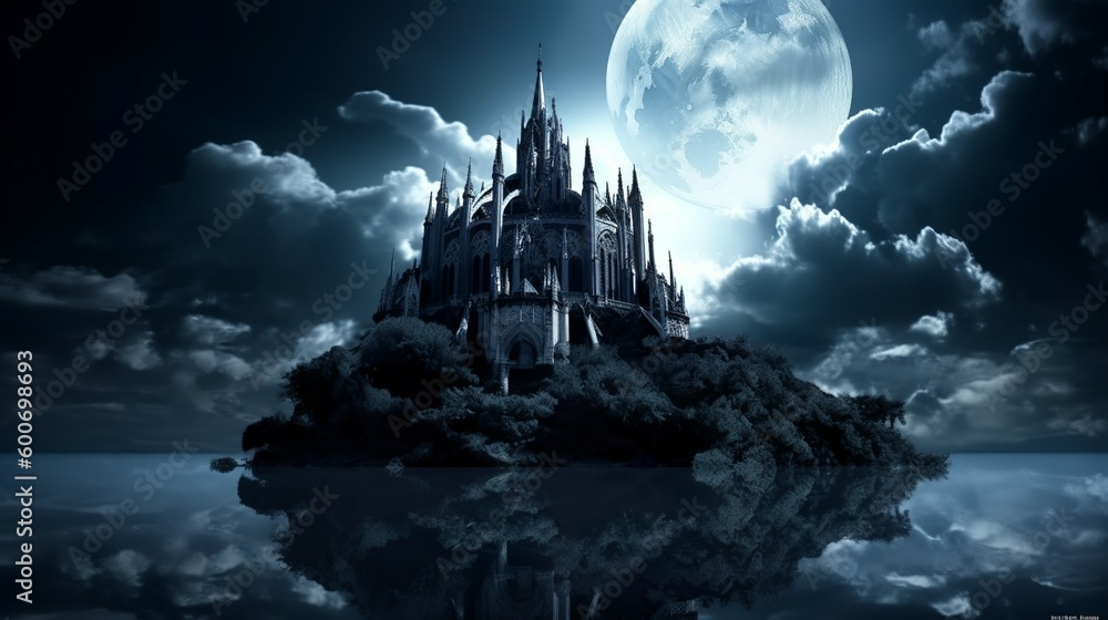 Fantasy cathedral on a floating island in the sea with dark skies and ...