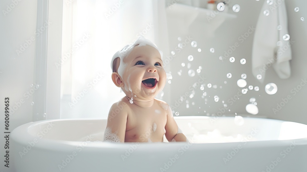 a baby happy bath time, a child laughing in bath tub, Generative Ai ...