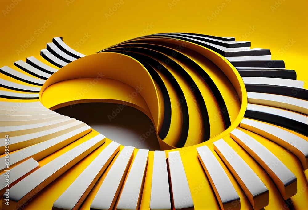 Curved wavy grand piano keyboard on yellow background. Abstract design ...