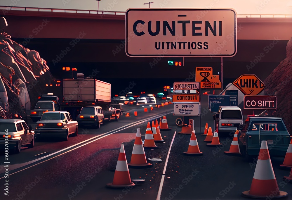 Congestion due to sign and cones indicating shut down of a freeway on ...