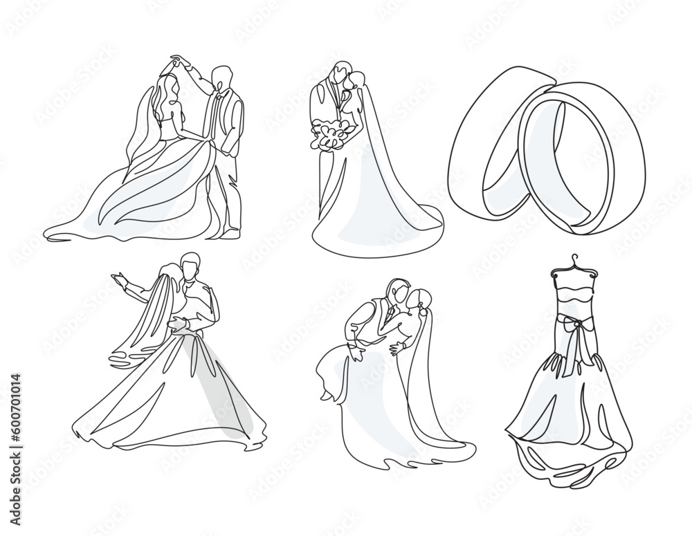 Wedding line art illustrations set. Single one line drawing happy cute ...