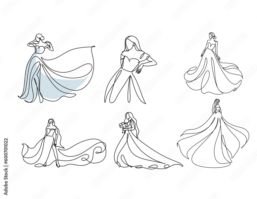 Beautiful woman in long flowing dress in continuous line art drawing ...