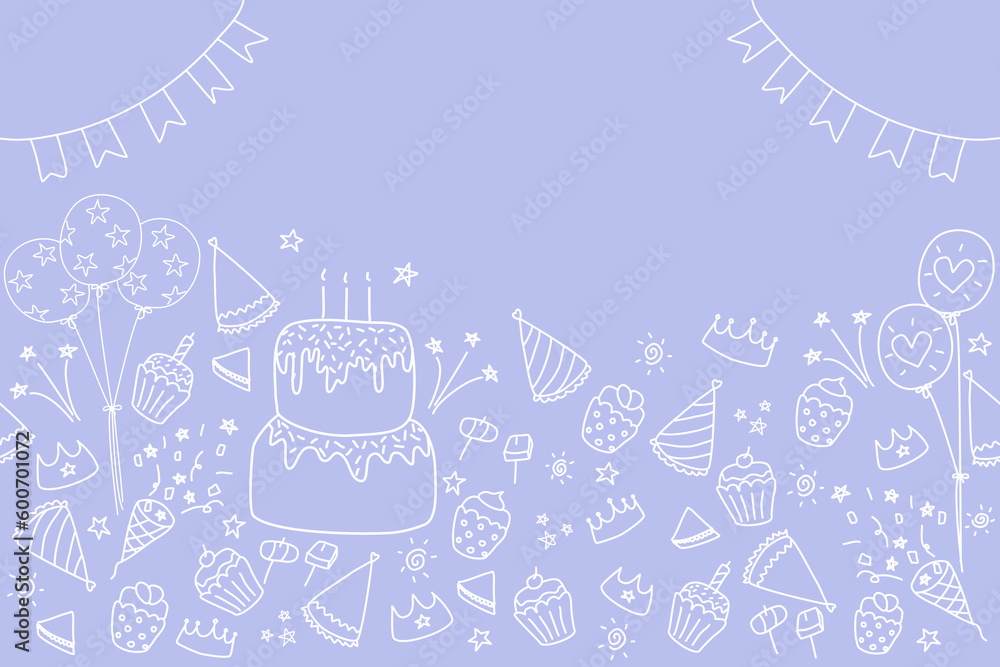 Birthday cake party background banner doodle vector illustration ...