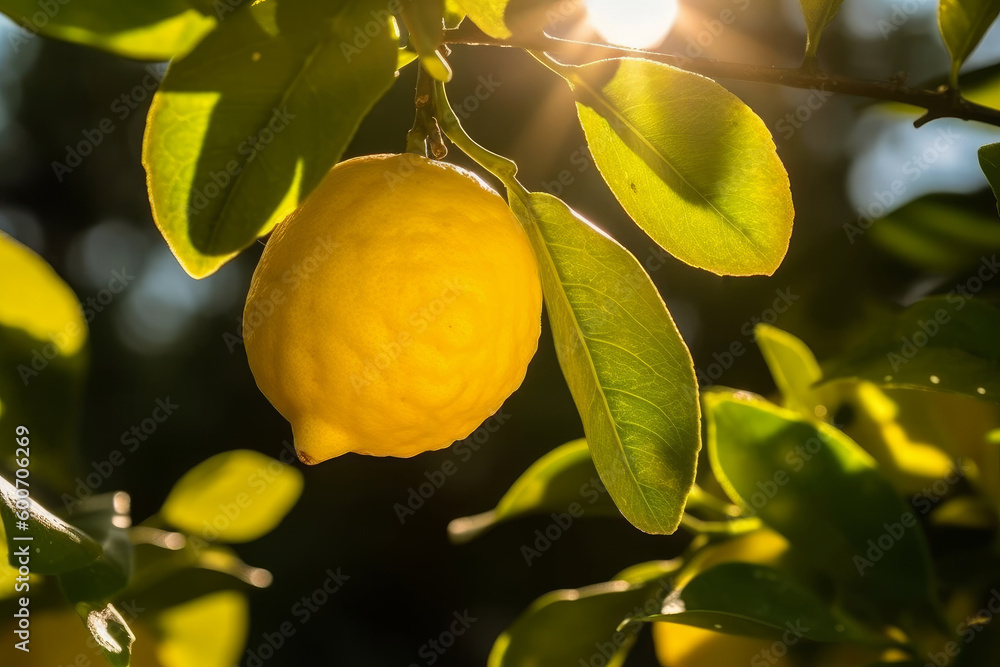 Bathed in sunlight, a lemon tree flourishes in a vibrant garden ...