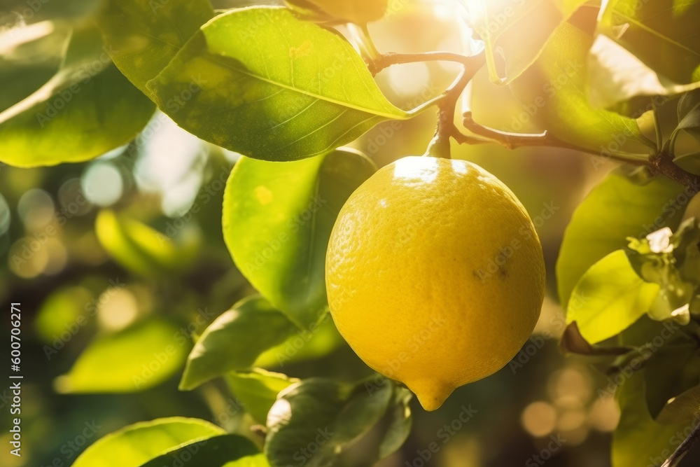 Bathed in sunlight, a lemon tree flourishes in a vibrant garden ...