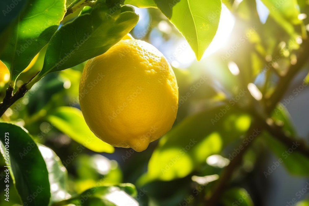 Bathed in sunlight, a lemon tree flourishes in a vibrant garden ...